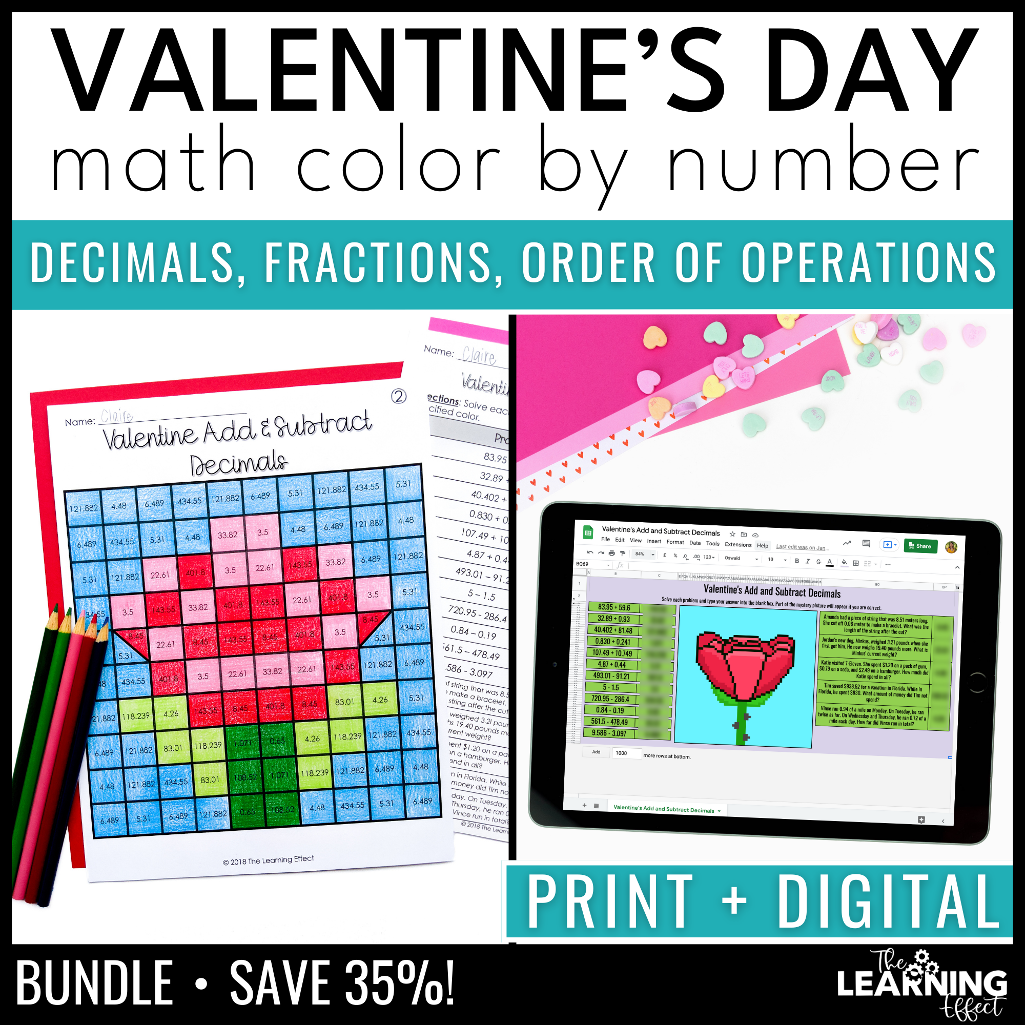 Valentine's Day Math Color by Number & Pixel Art Bundle for 5th & 6th ...