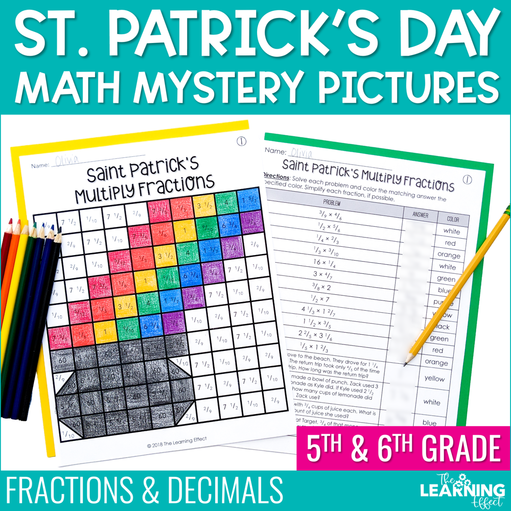 St. Patrick's Day Math Color by Number Worksheets for 5th and 6th Grade ...